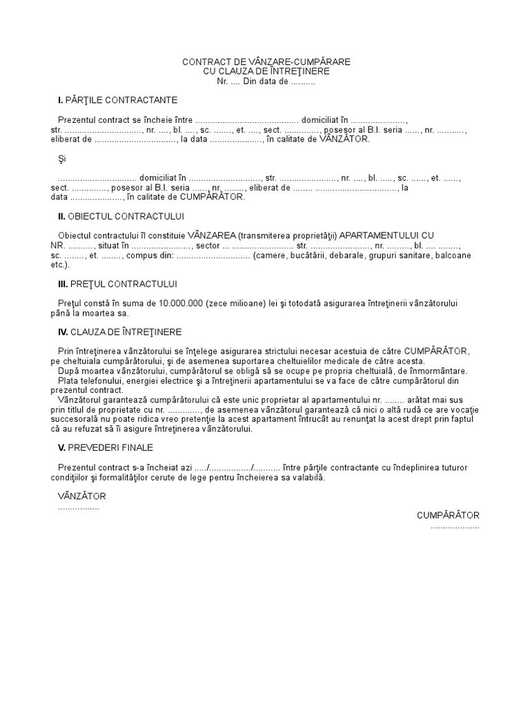 Contract de Vanzare Cumparare Cu Clauza de Intretinere | PDF