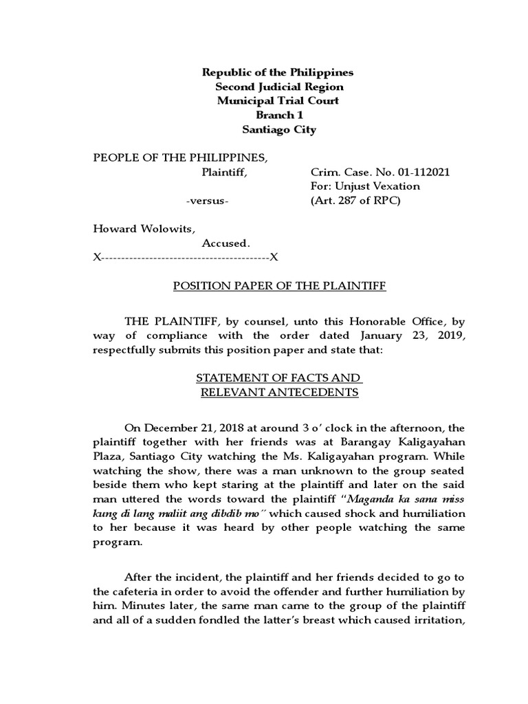 Sample Position Paper Unjust Vexation PDF Social Institutions