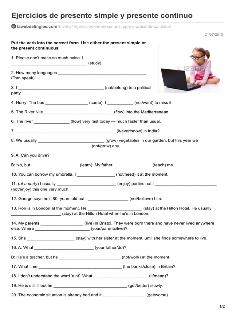 Ejercicios de Presente Simple y Presente Continuo PDF | PDF