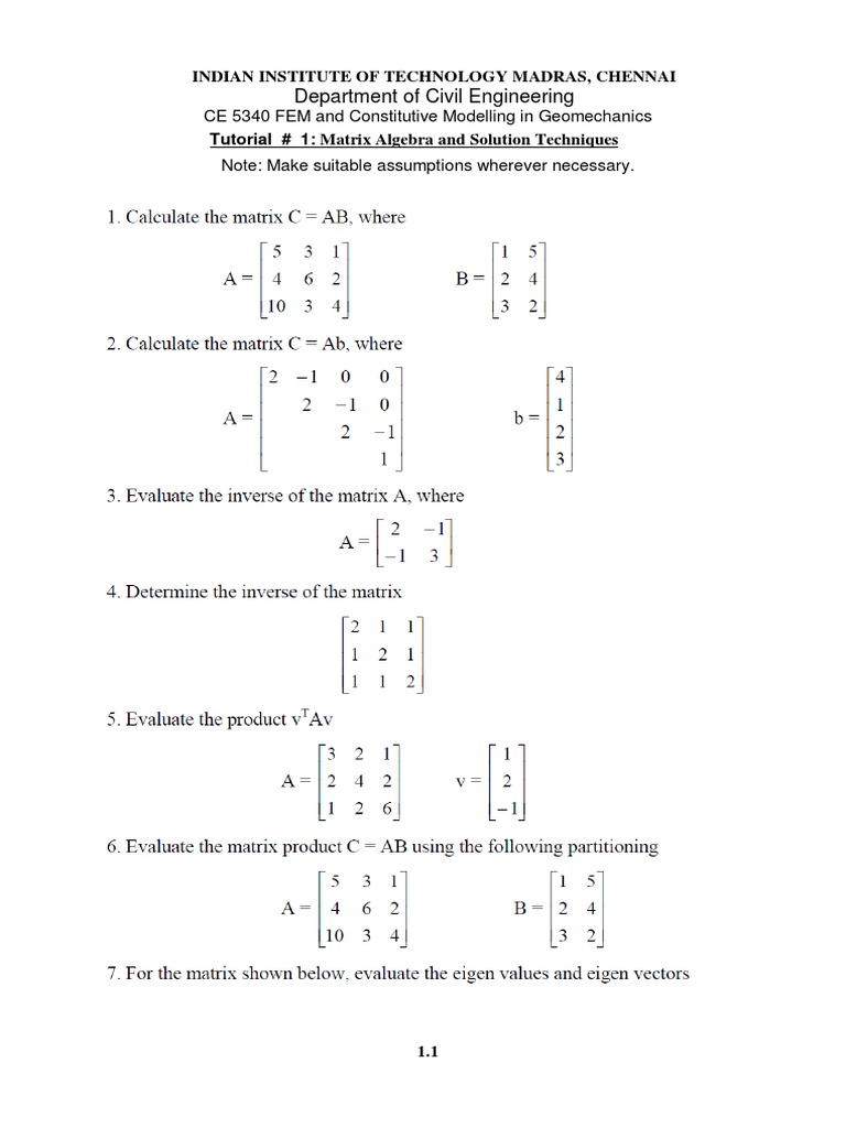 Tutorial 1 | PDF | Matrix (Mathematics) | Eigenvalues And Eigenvectors