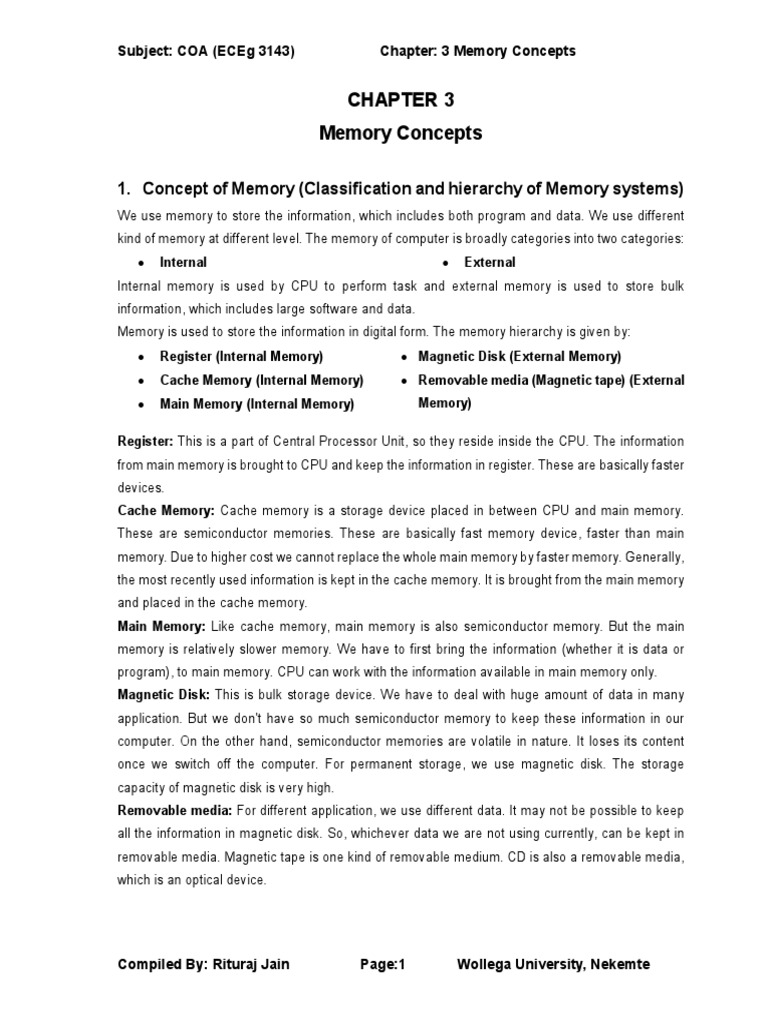 Memory Concepts: 1. Concept of Memory (Classification and Hierarchy of Memory Systems) | PDF ...