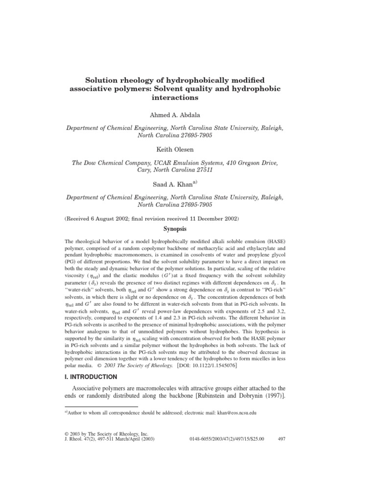 Solution Rheology of Hydrophobically Modified Associative Polymers ...