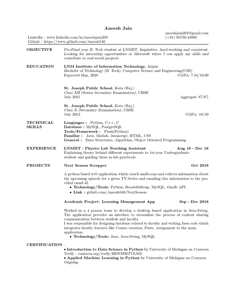 Aneesh Jain S Resume | PDF | Computer Science | Application Software