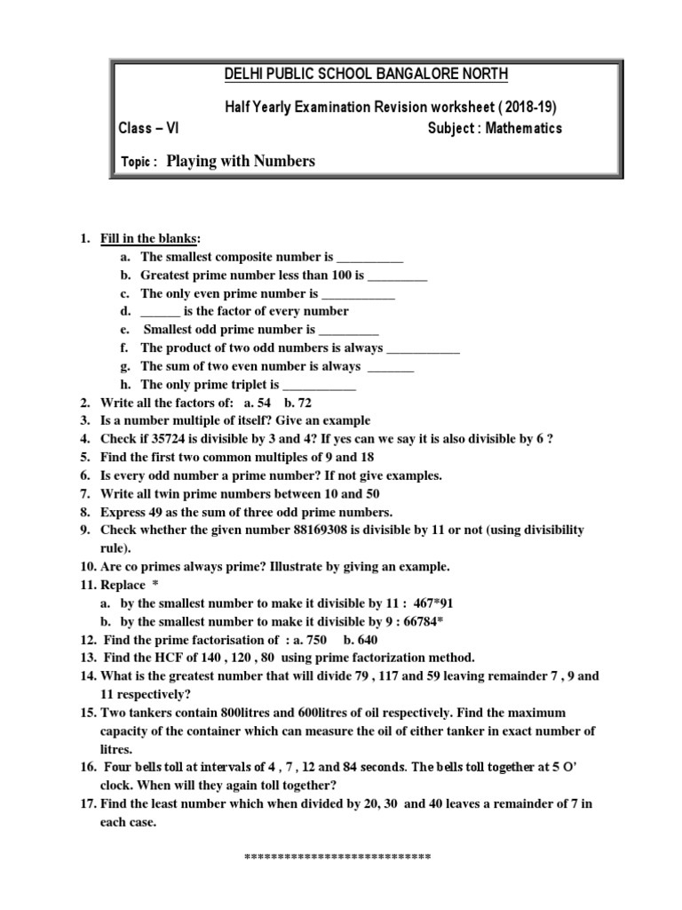 5024 Class 6 Half Yearly (2018-19) Revision Worksheet - Playing With ...