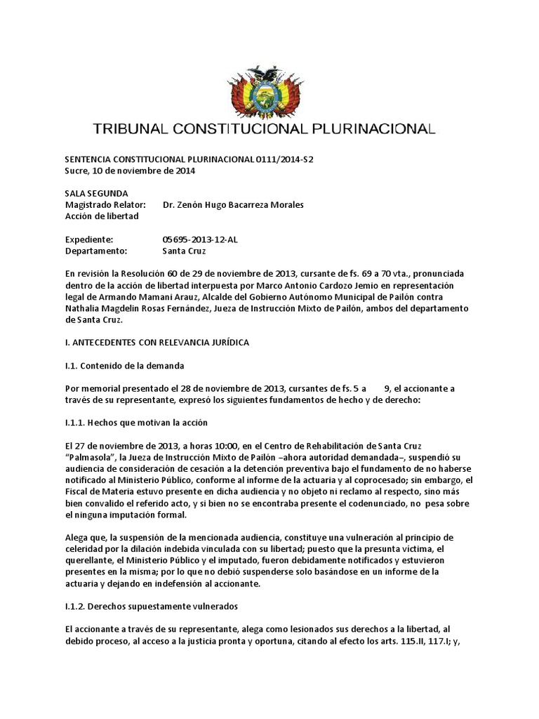 SCP 0111-2014-s2 Marco Antonio Cardozo Jemio - Derecho A La No ...