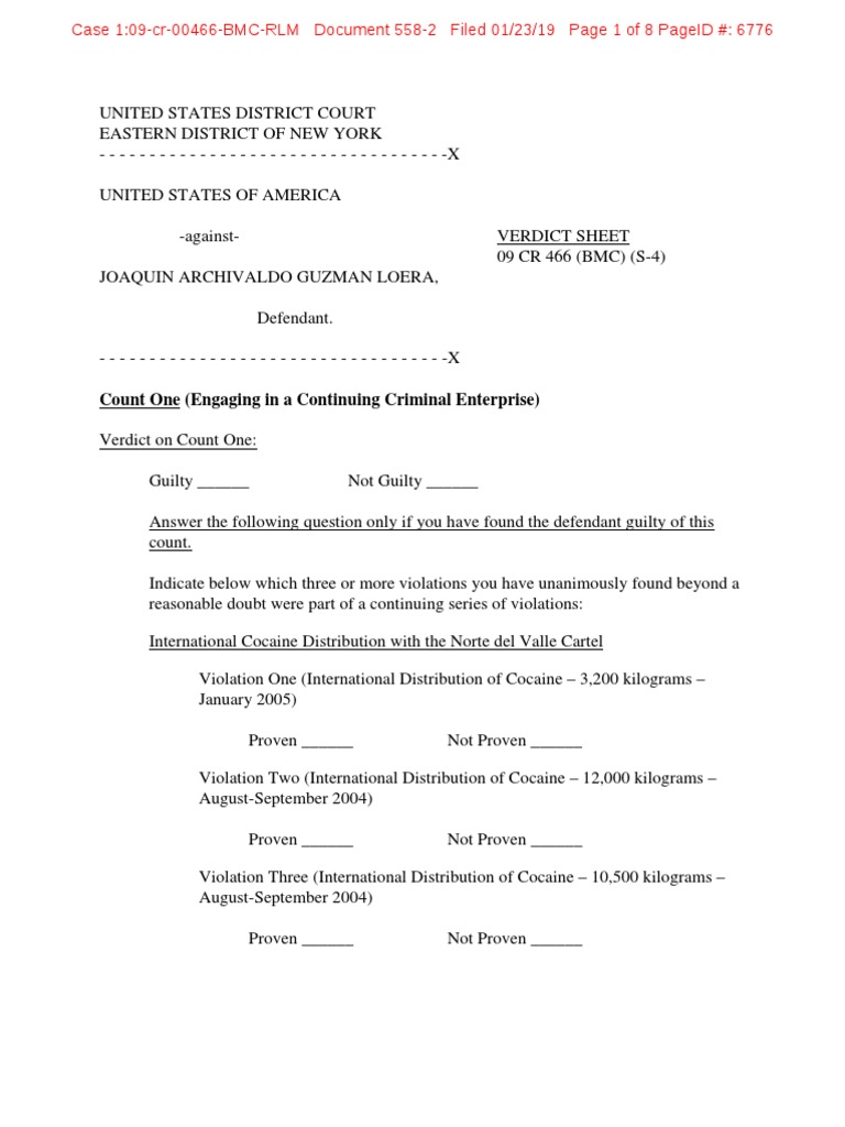 El Chapo Verdict Jury Form | PDF | Acquittal | Verdict