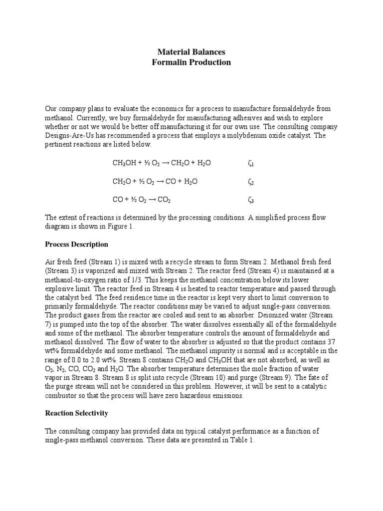 Material Balances Formalin Production: Process Description | PDF ...