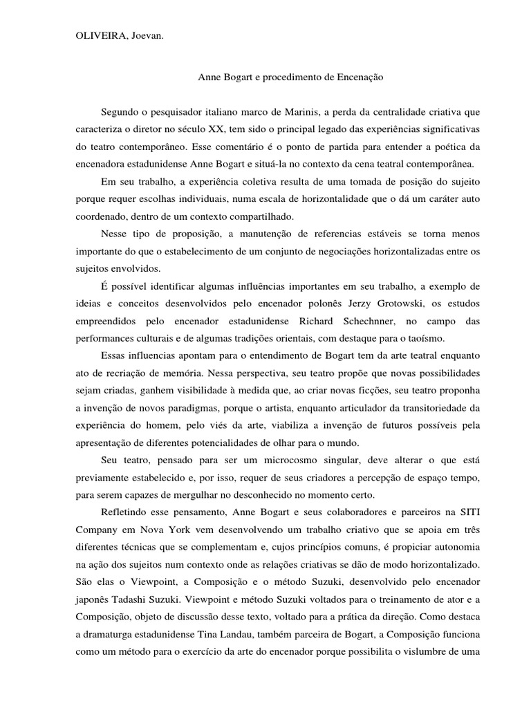 Composição no Teatro de Anne Bogart | PDF | Ator | Tempo