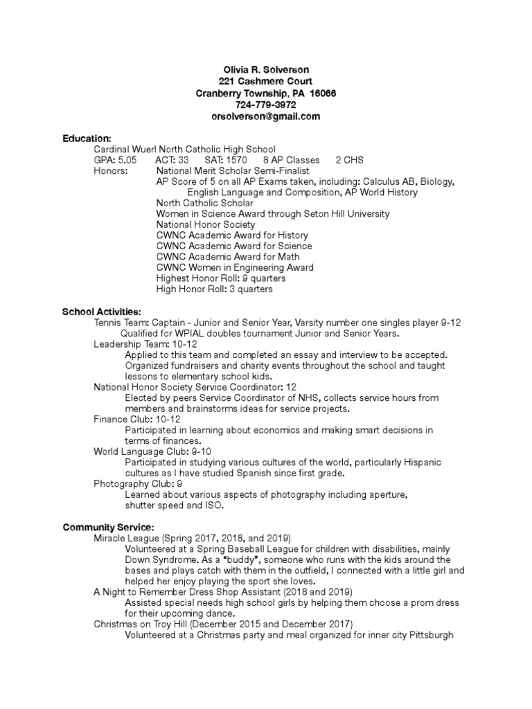 Olivia Resume 2018 Updated | PDF | Advanced Placement | Behavior ...