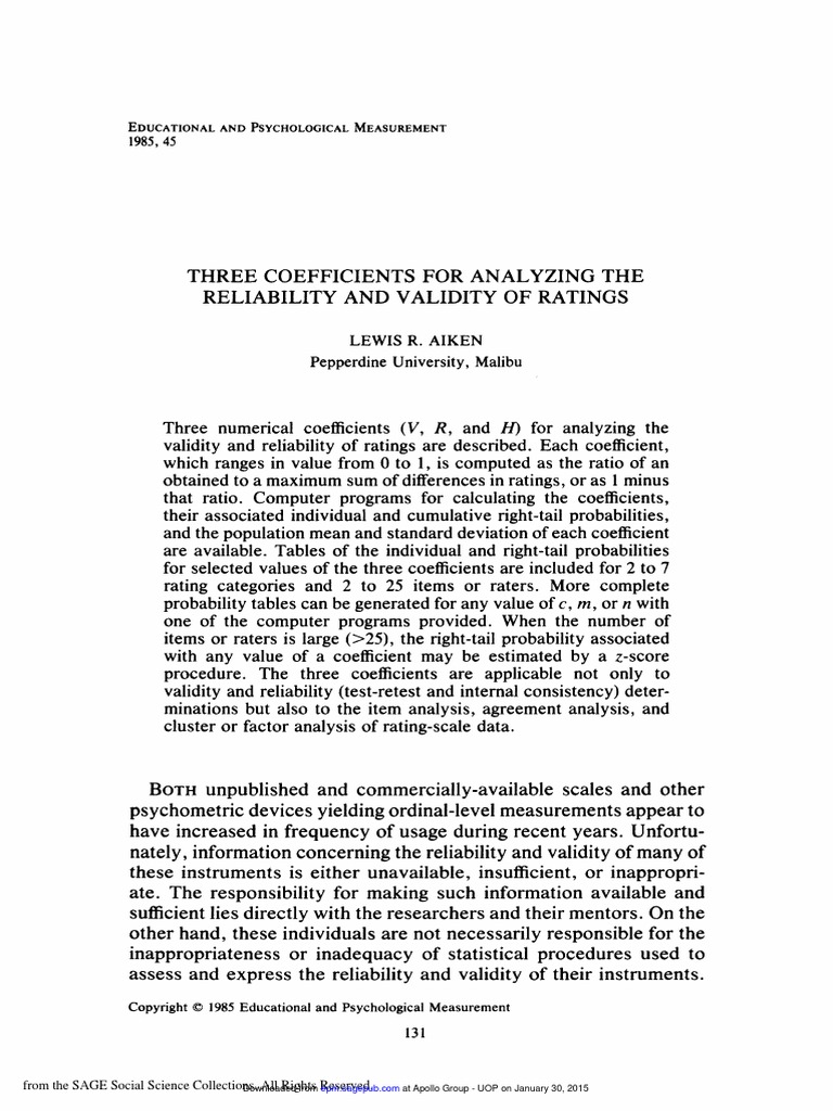 Three Coefficients For Analyzing The Reliability and Validity of ...