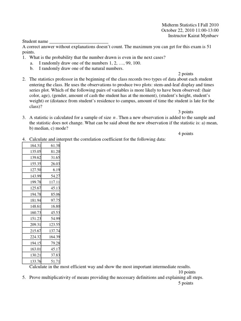 Sample Midterm Exam Pdf Mean Statistics