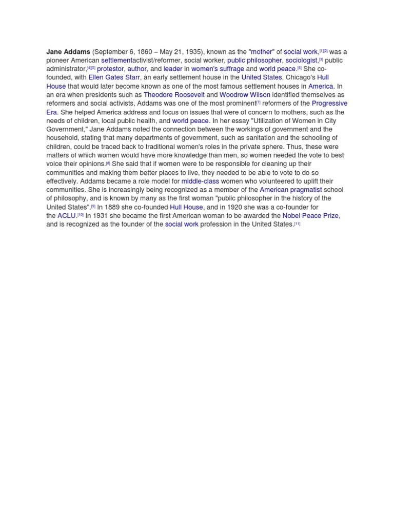 Jane Addams (September 6, 1860 | PDF