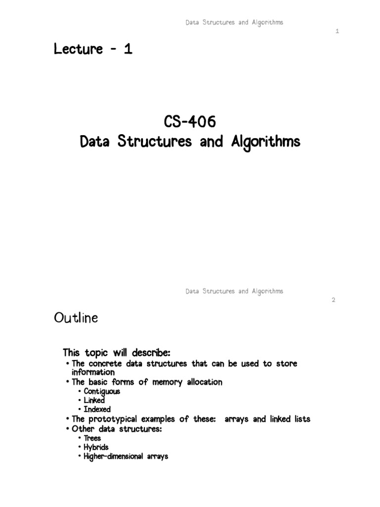Lecture - 1: CS-406 Data Structures and Algorithms | PDF | Array Data Structure | C (Programming ...