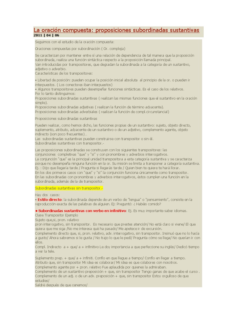 Proposiciones Subordinadas Sustantivas | PDF | Oración (Lingüística) | Onomástica