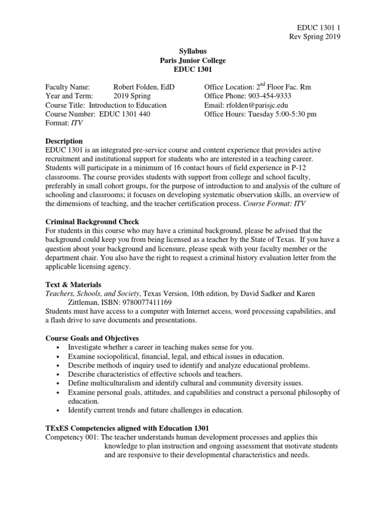 Folden Robert Educ 1301 440 SP 2019 | PDF | Competence (Human Resources) | Academic Dishonesty