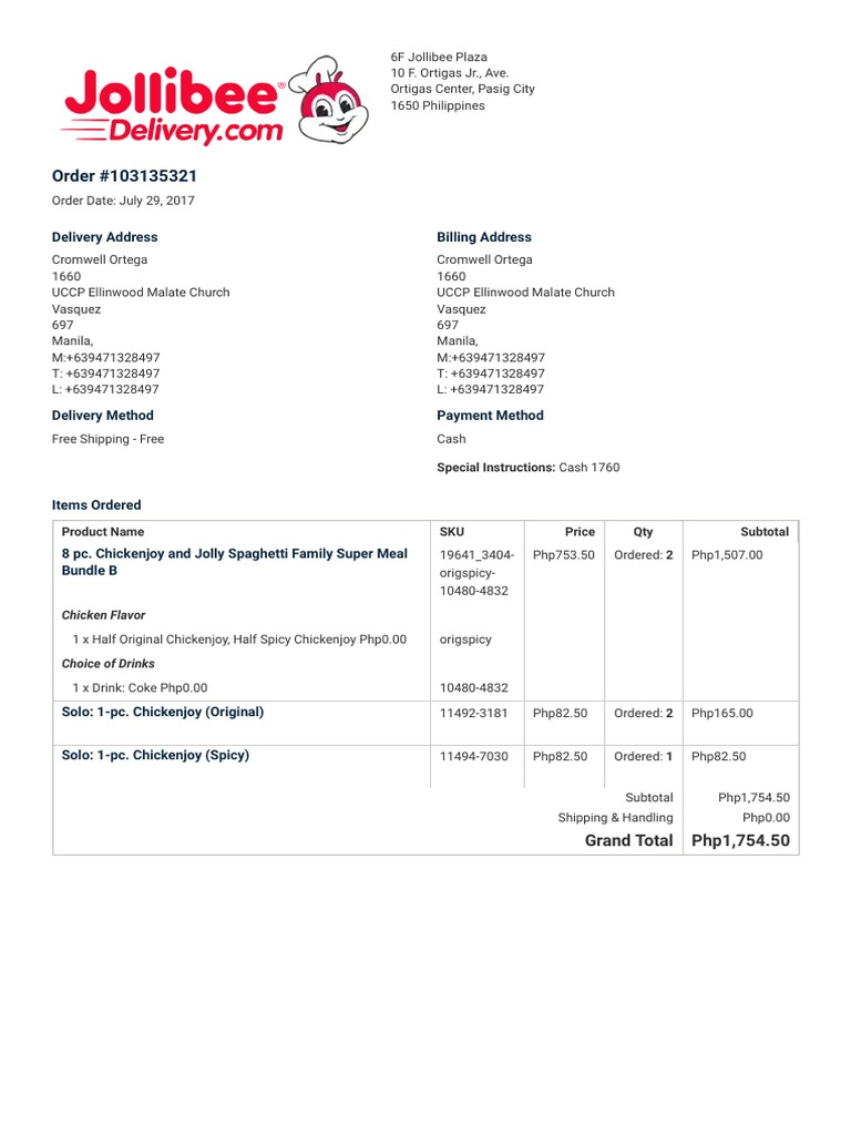 Jollibee Online Delivery - Print Order # 103135321 PDF | PDF | Food And ...