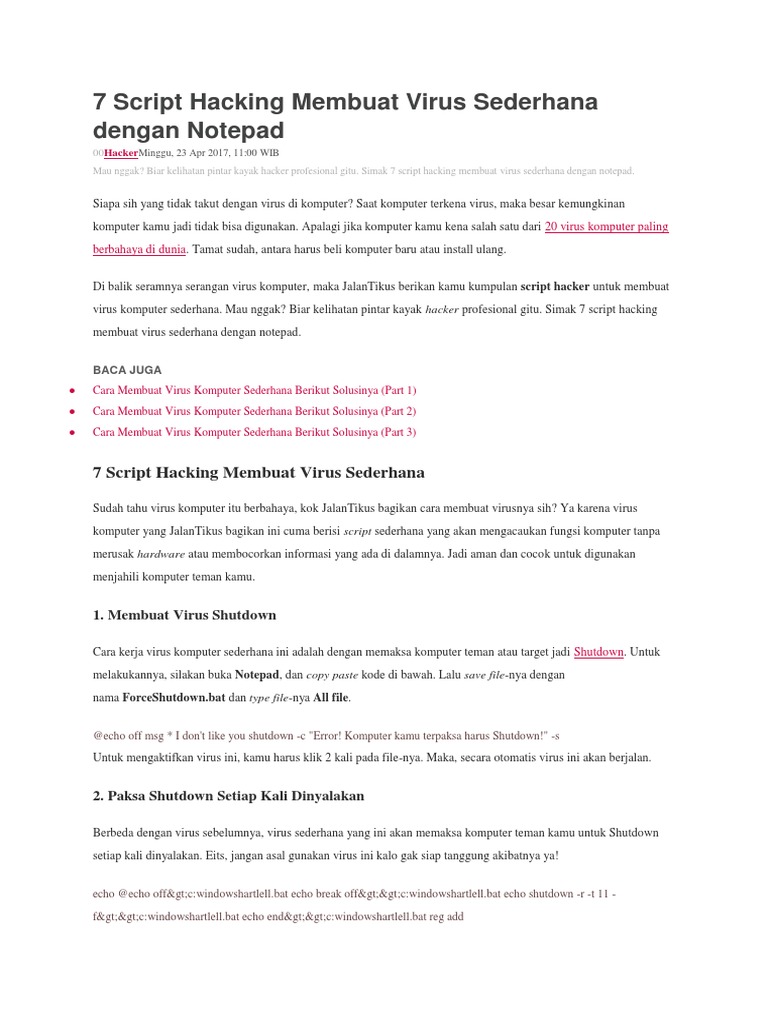 7 Script Hacking Membuat Virus Sederhana Dengan Notepad | PDF