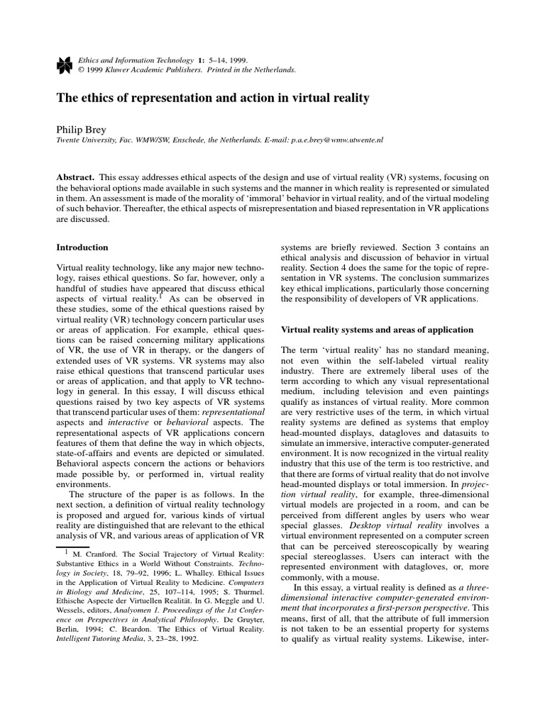 Brey - Ethics of Virtual Reality | PDF | Virtual Reality | Morality