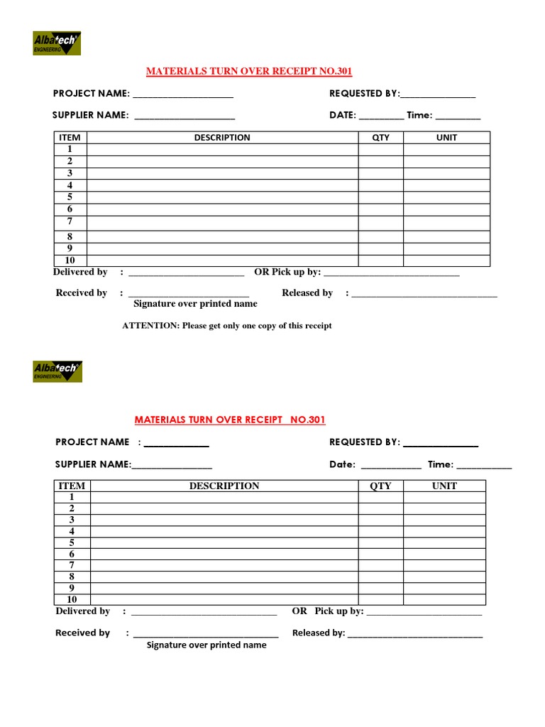 Materials Turn Over Receipt No.301: Received by | PDF | Document ...
