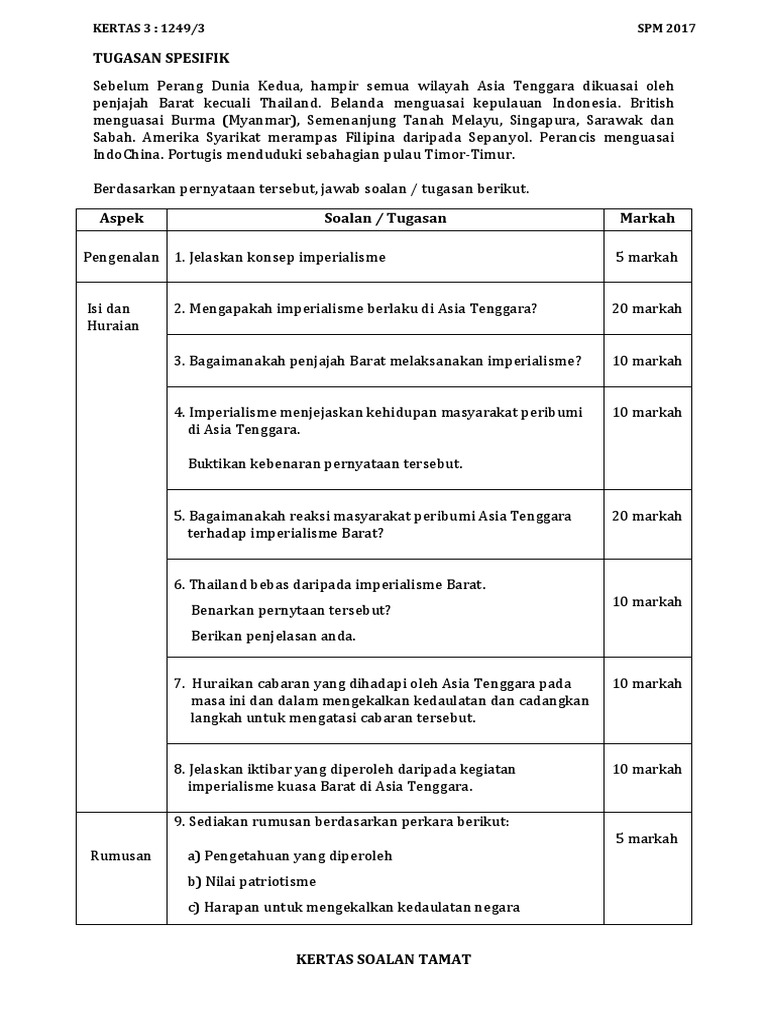 Sejarah SPM Kertas 3 2017 | PDF