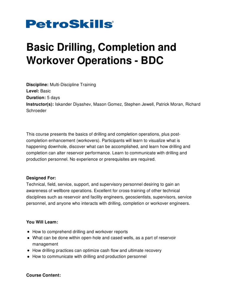 Basic Drilling, Completion and Workover Operations - BDC | Download ...