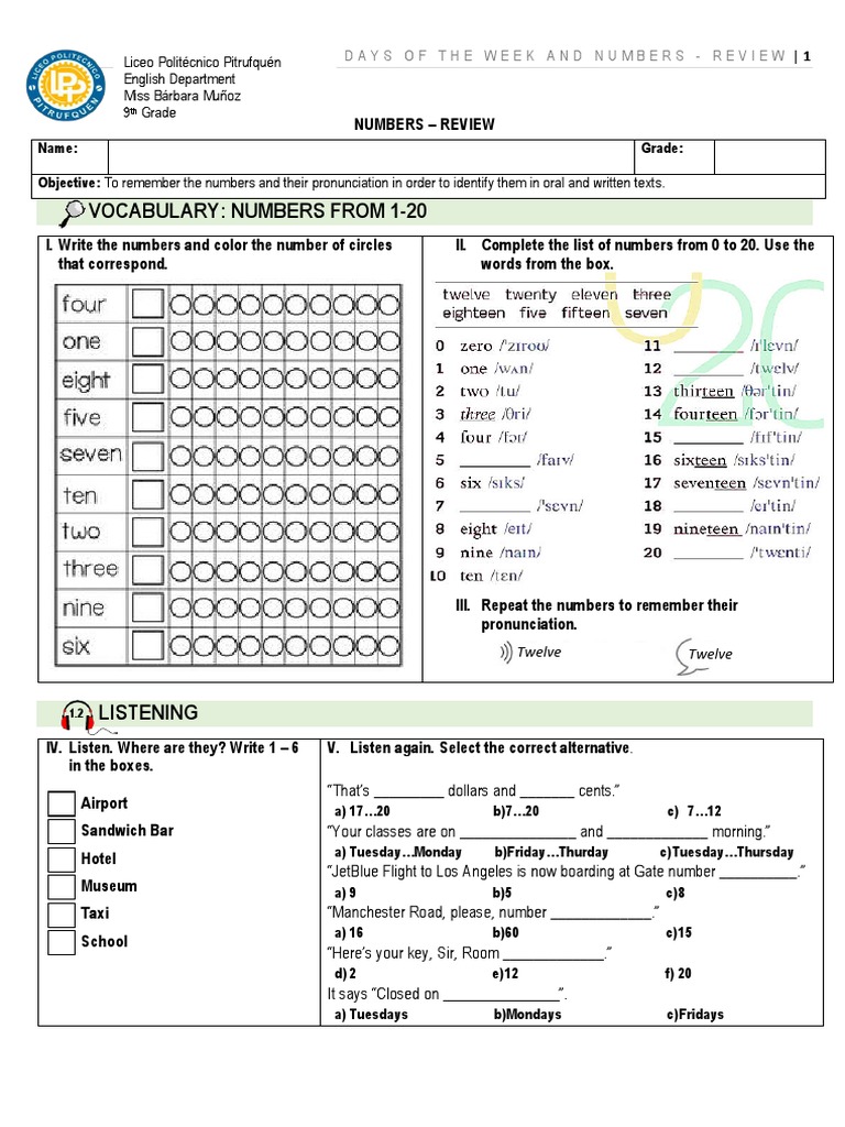 Vocabulary: Numbers From 1-20: - 1 Liceo Politécnico Pitrufquén English ...