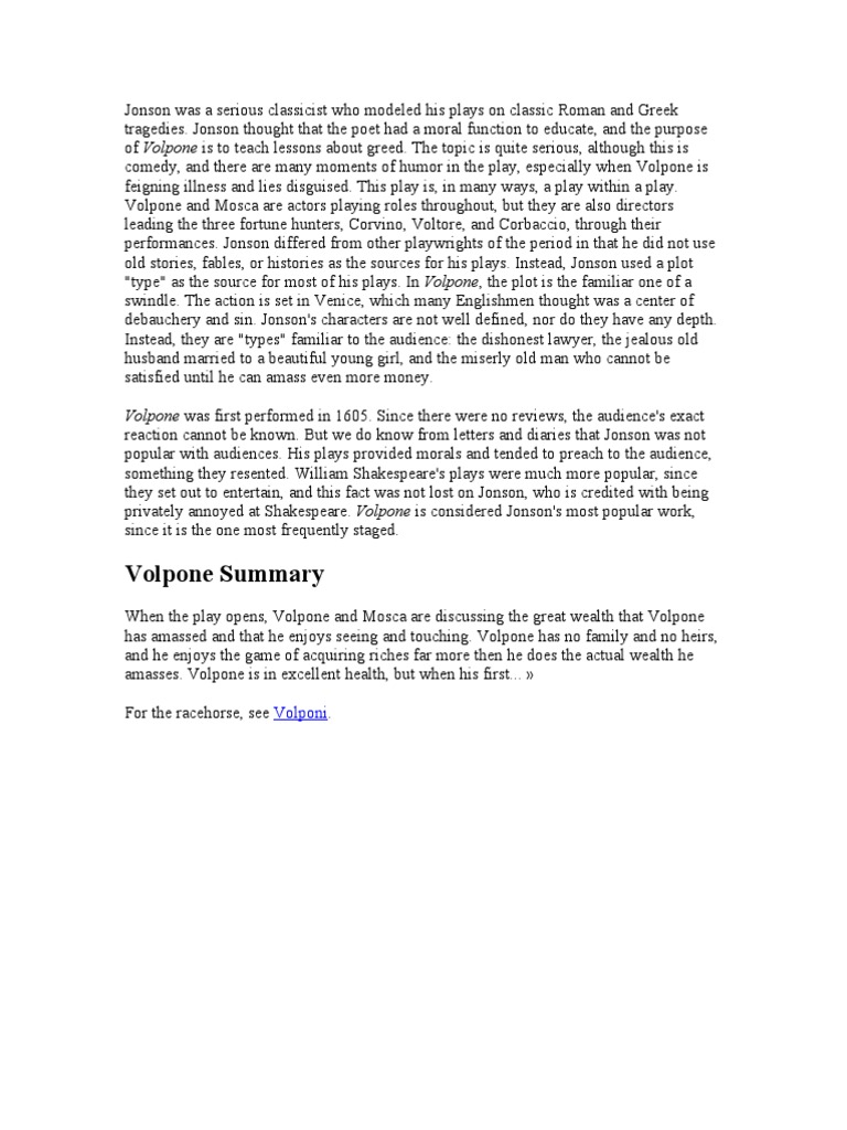 Volpone: A Study of Greed and Deceit | PDF | Theatre