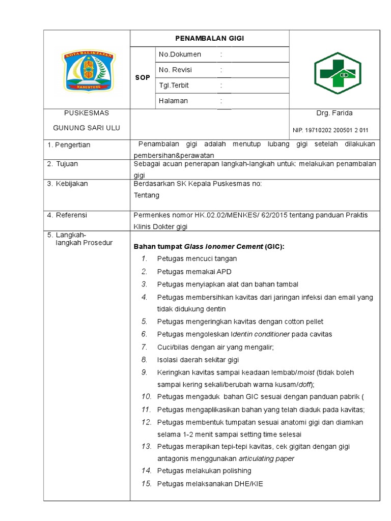 SOP Penambalan Gigi | PDF | Teknologi & Rekayasa
