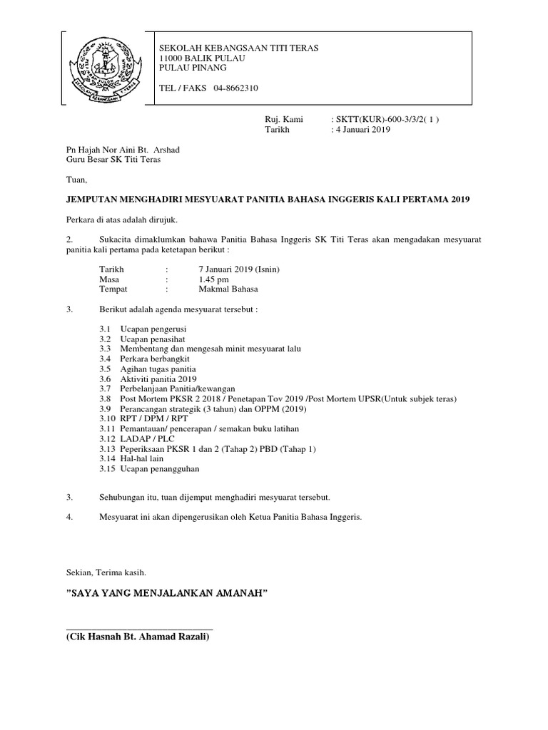 Surat Jemputan Mesyuarat Panitia Bi | PDF