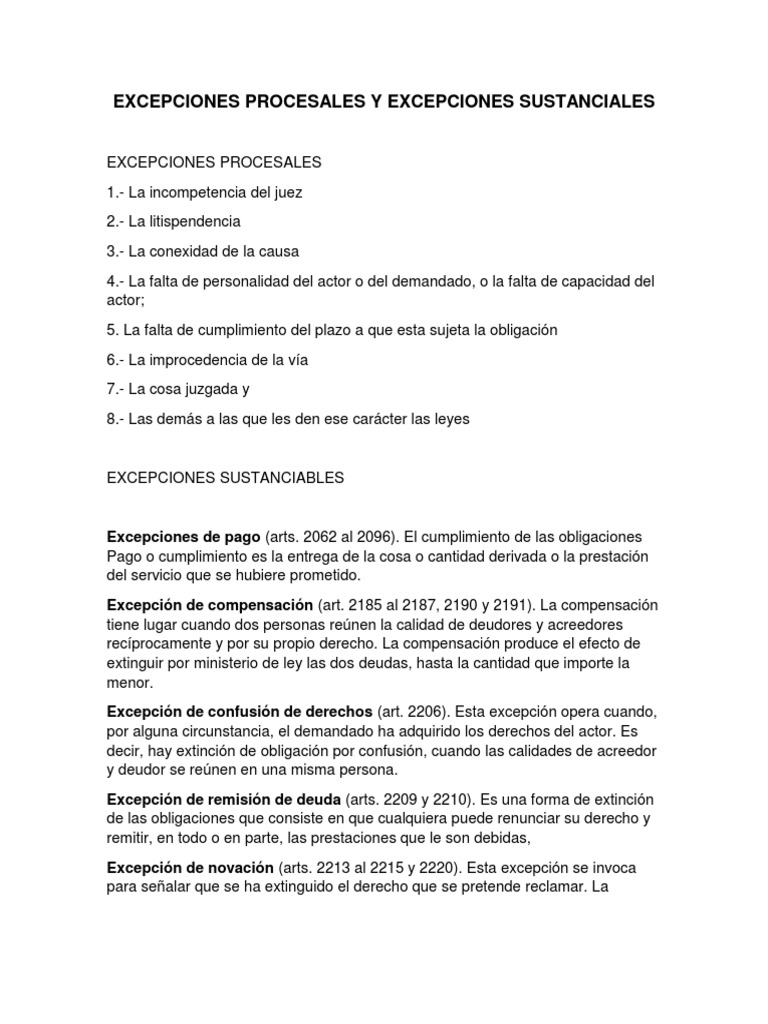 Excepciones Procesales y Excepciones Sustanciales | PDF | Pagos ...