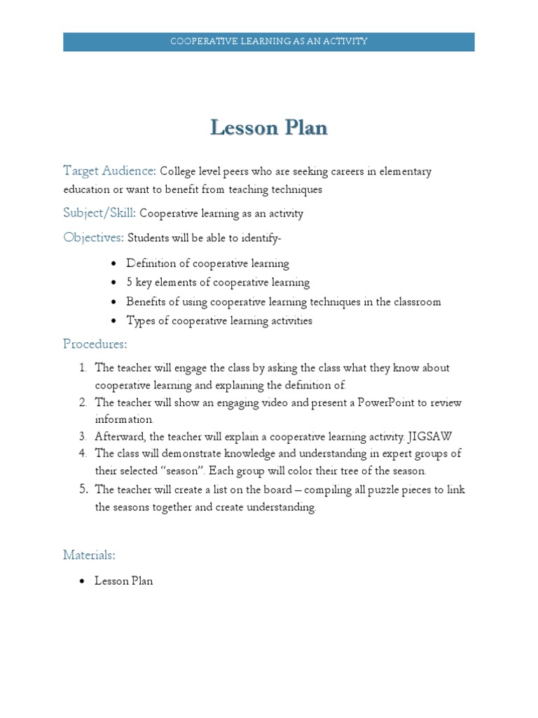 Cooperative Learning Lesson Plan | PDF | Art | Wellness