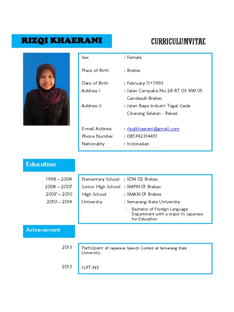 Rizqi Khaerani Aryati CV Overview | PDF | Communication | Schools