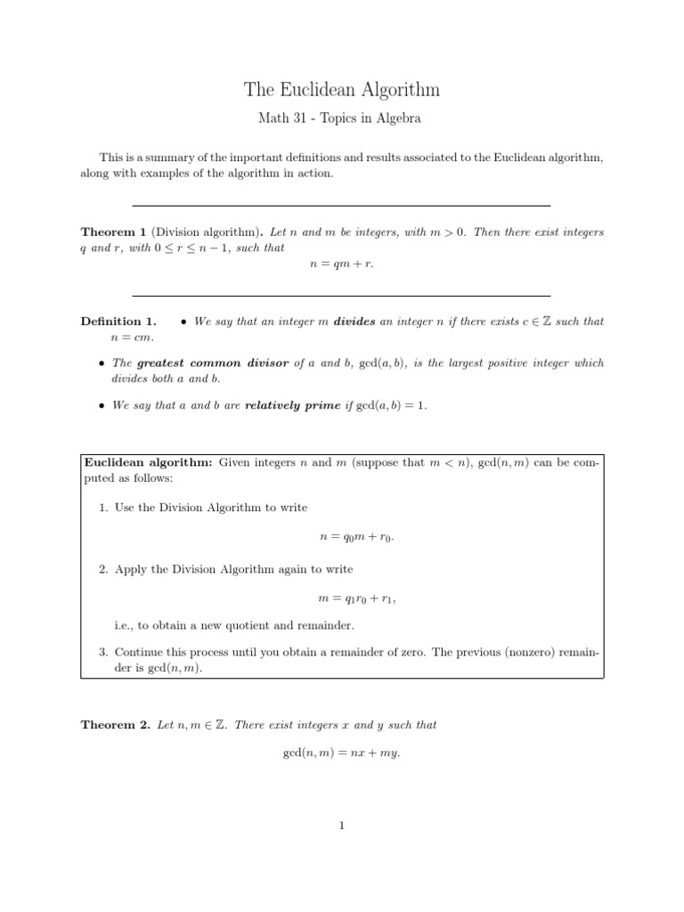 Euclidean Algorithm | PDF | Integer | Elementary Mathematics
