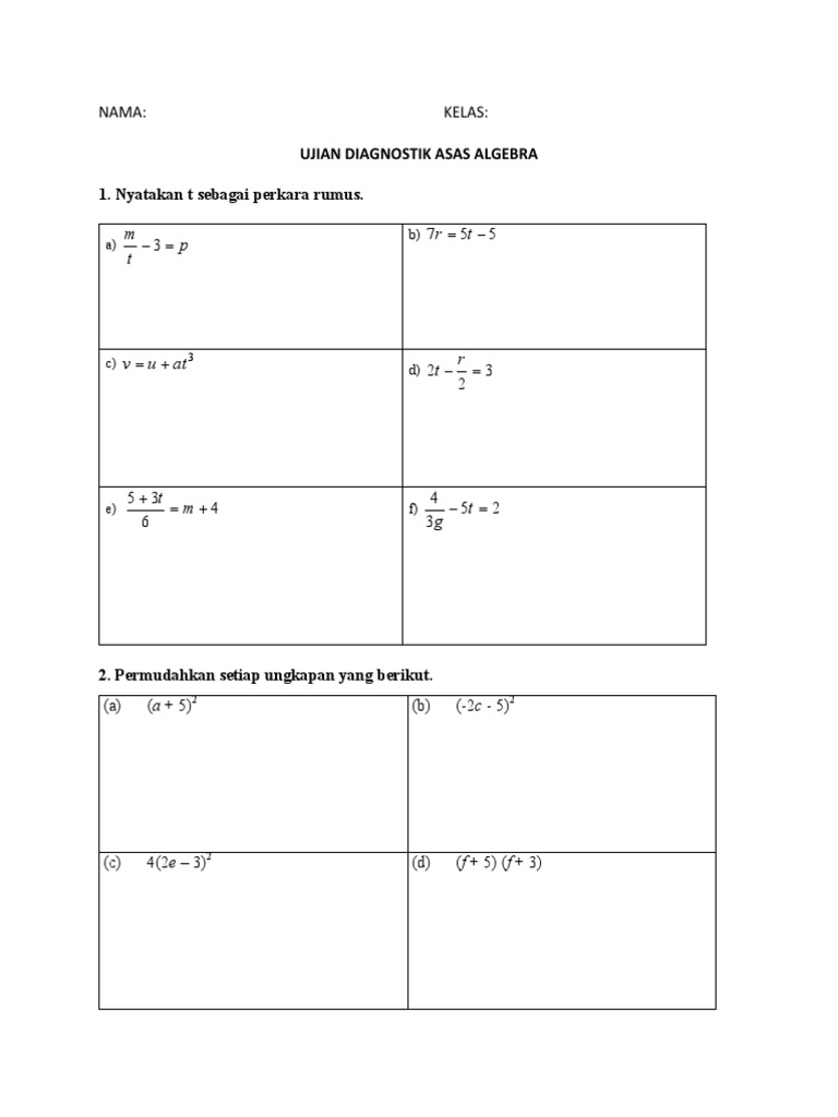 Ujian Diagnostik Asas Algebra T4 2019 PDF | PDF