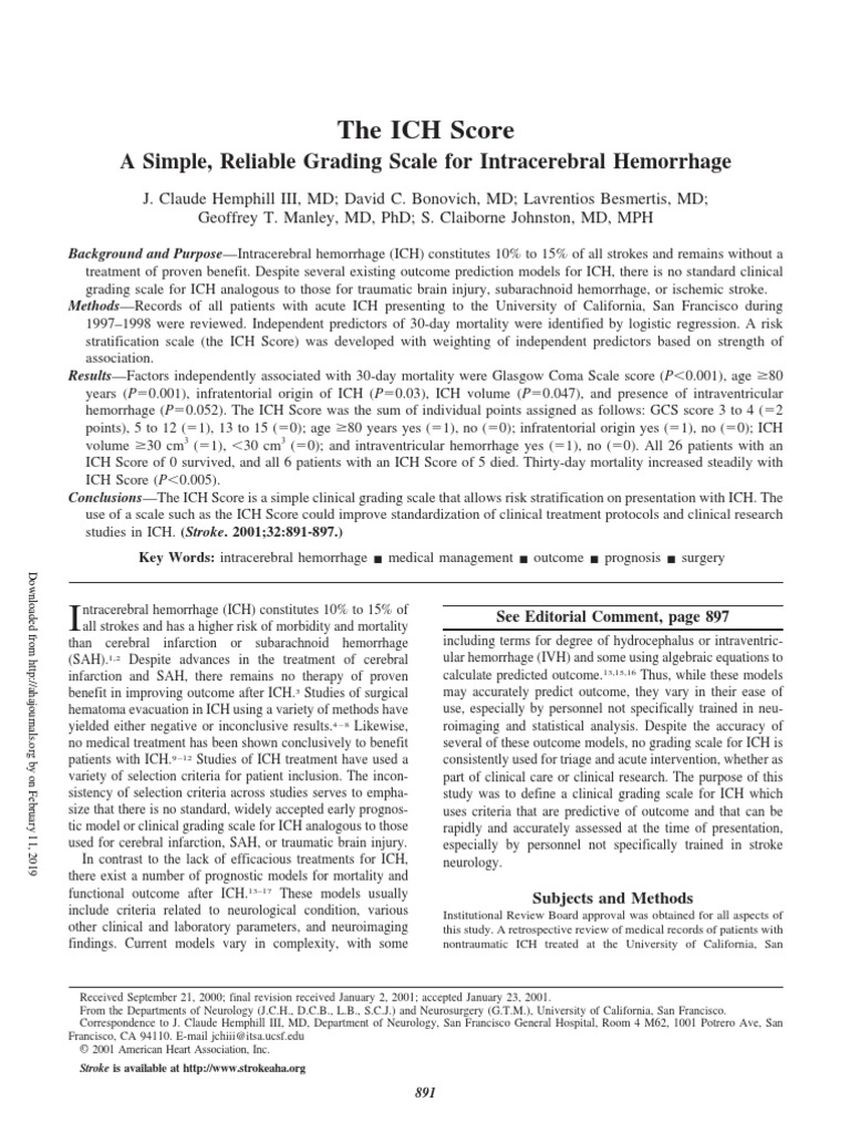The ICH Score: A Simple, Reliable Grading Scale For Intracerebral Hemorrhage | PDF | Dependent ...