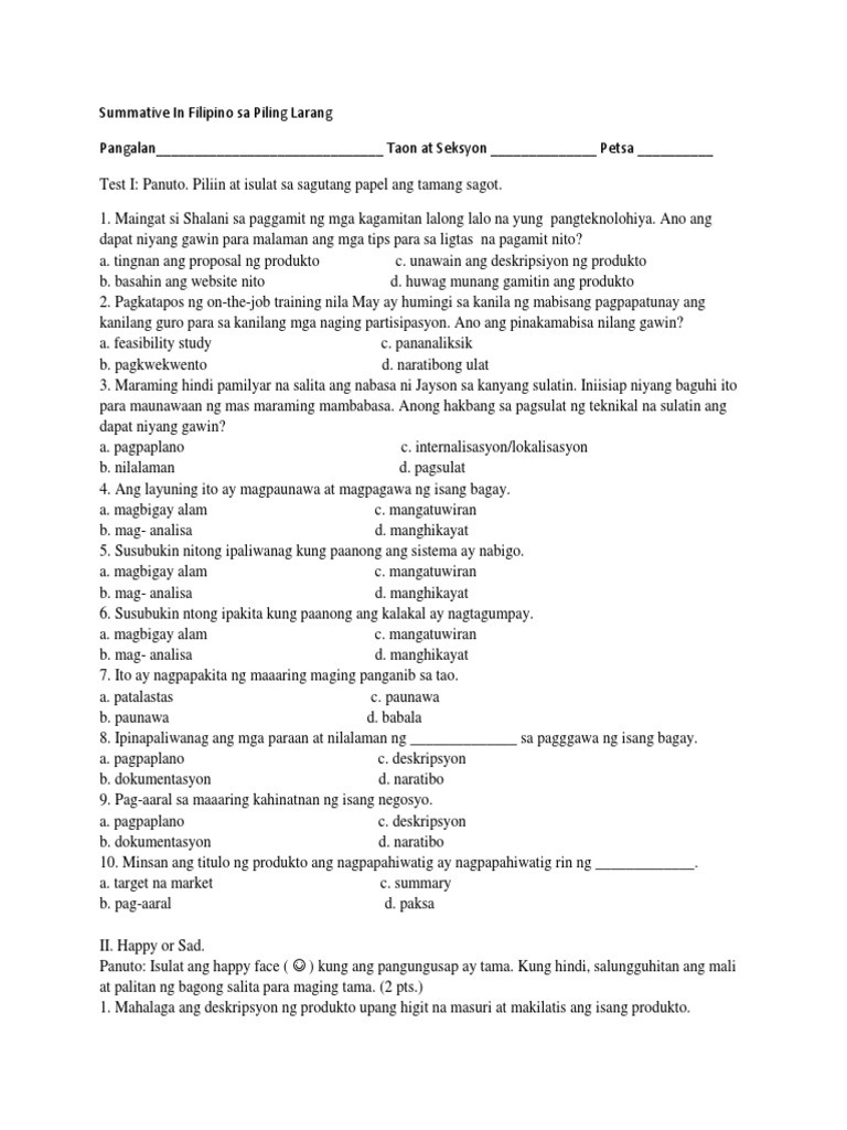 Summative in Filipino Sa Piling Larang | PDF