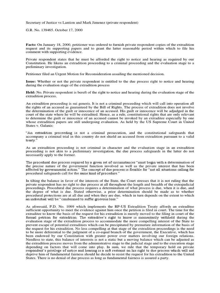 Secretary of Justice Vs Lantion and Mark Jimenez | PDF | Extradition ...