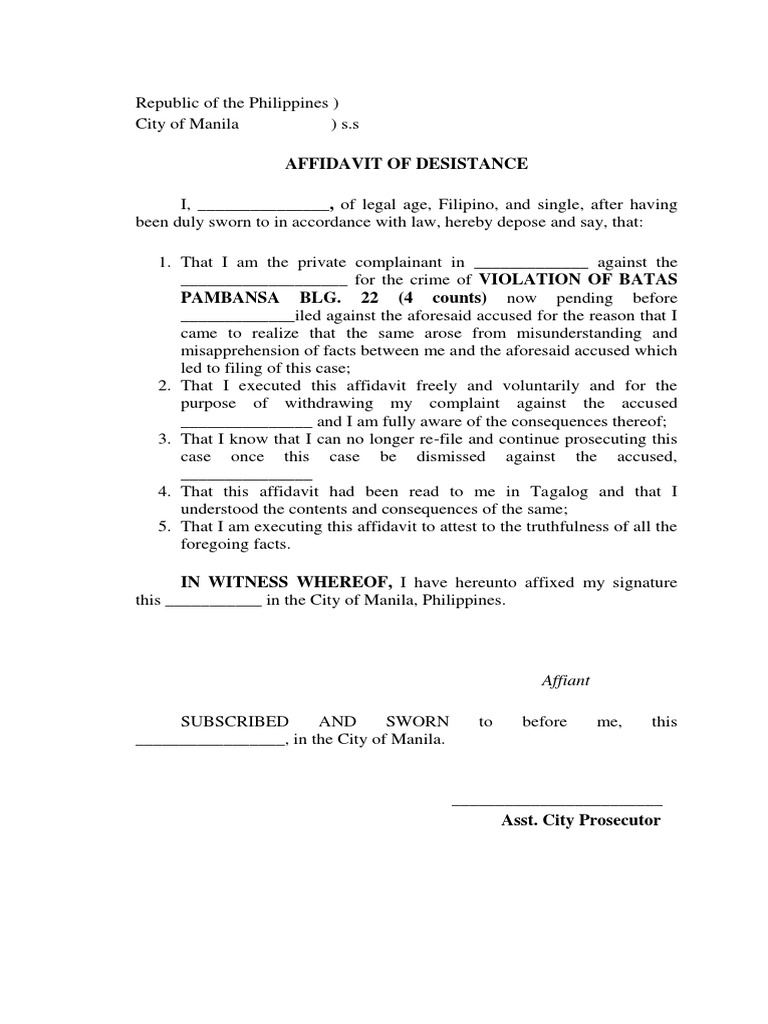 Affidavit of Desistance Sample | PDF