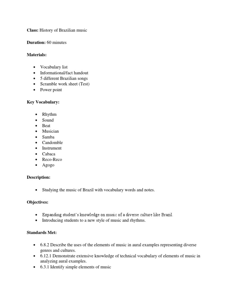 Brazilian Lesson Plan | PDF | Vocabulary | Lesson Plan