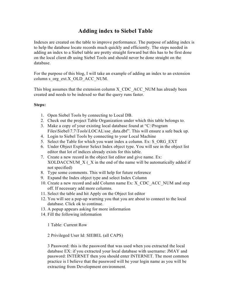 Adding Index To Siebel Table | PDF | Database Index | Databases