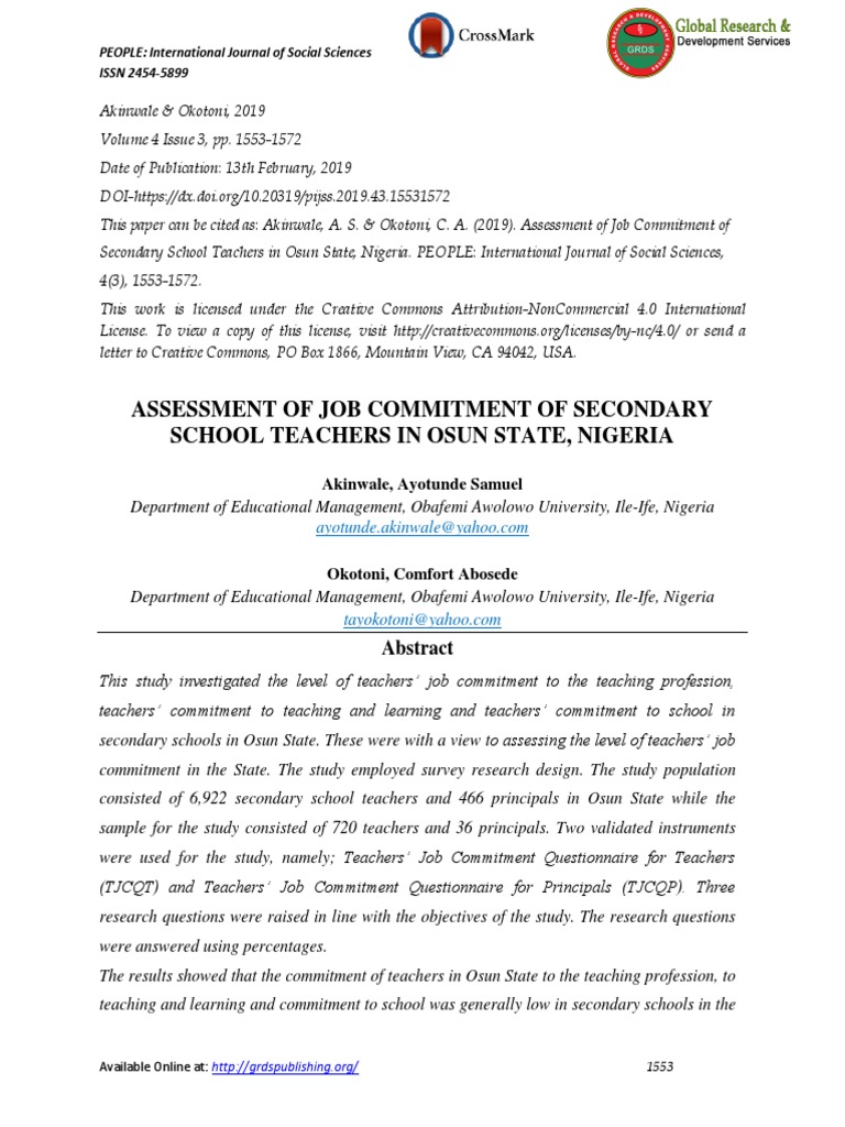 Assessment of Job Commitment of Secondary School Teachers in Osun State ...
