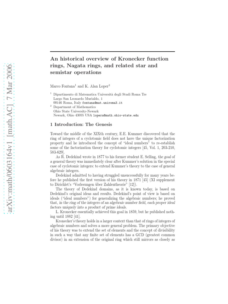 Historical Overview of Kronecker Function Rings | PDF | Ring ...
