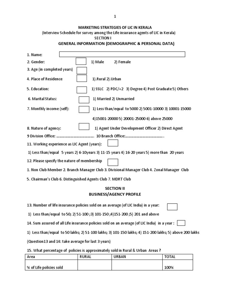 Model Questionnaire 1 | PDF | Insurance | Marketing