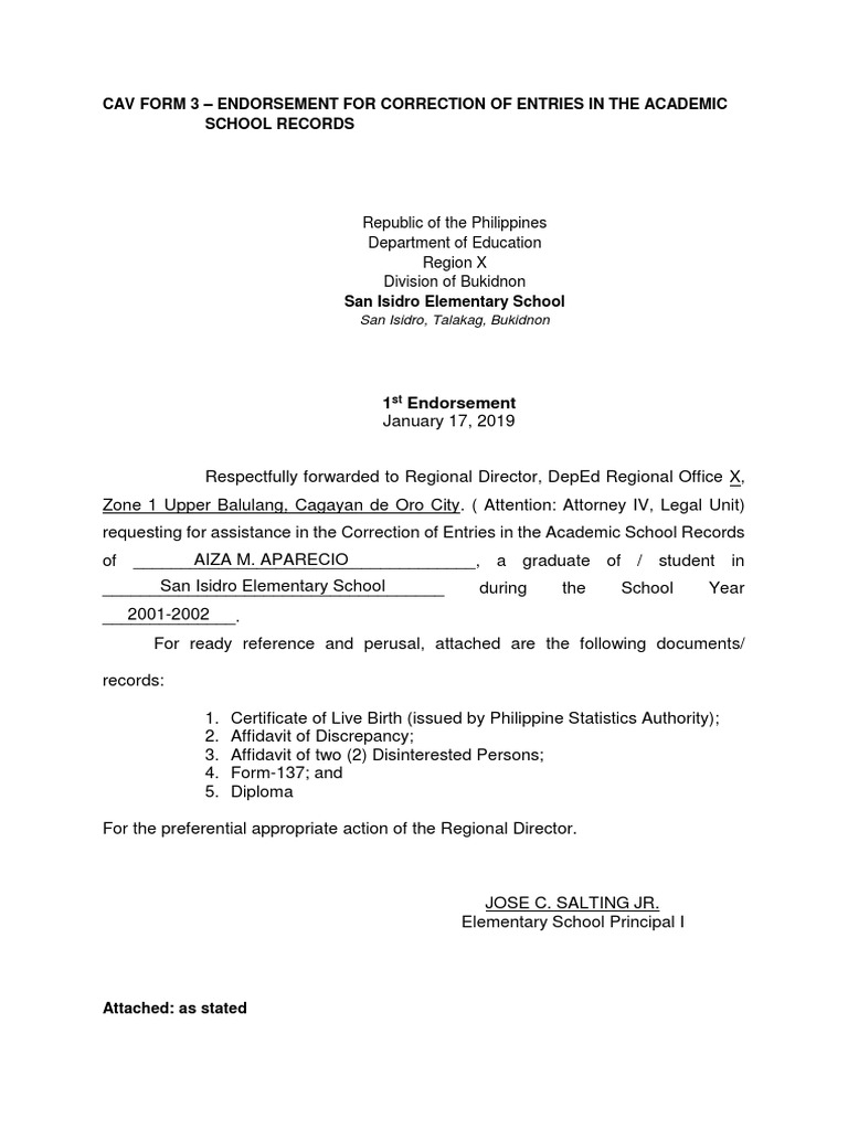 Cav Form 3 - Endorsement For Correction of Entries in The Academic ...