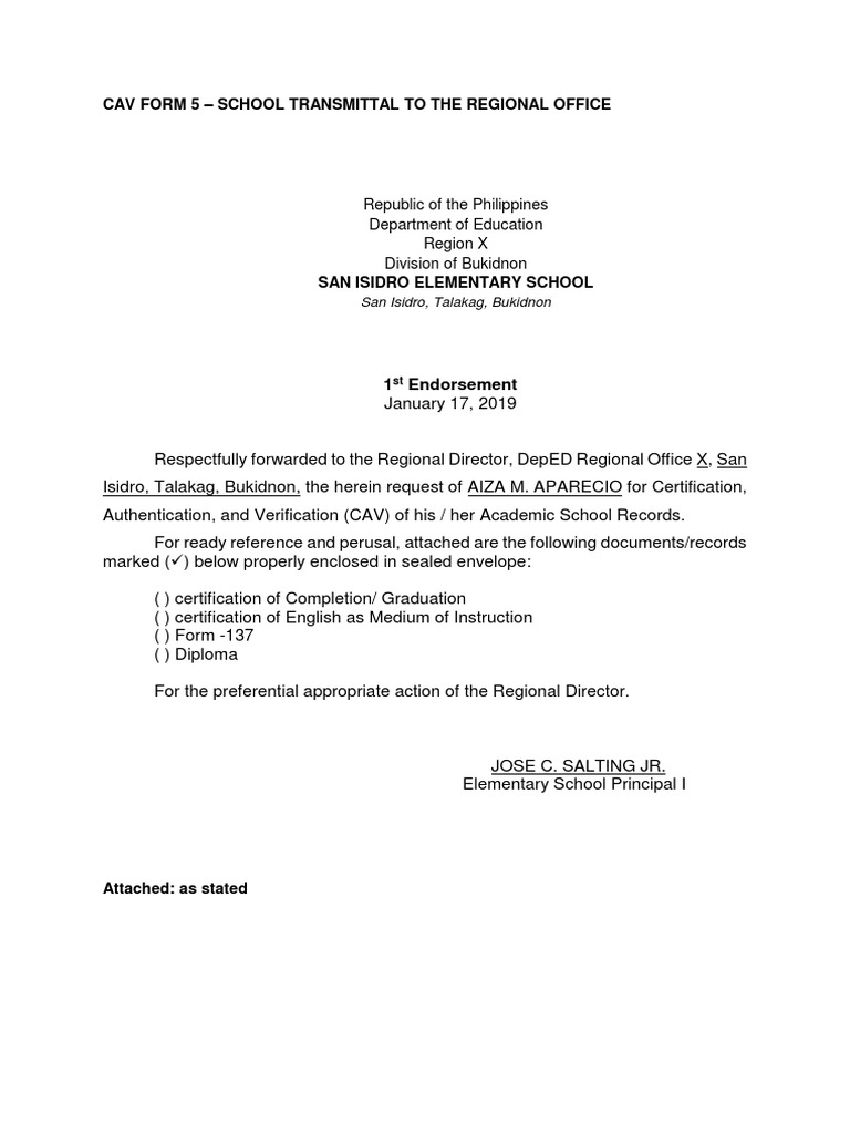 Cav Form 5 - School Transmittal To The Regional Office: 1 Endorsement | PDF