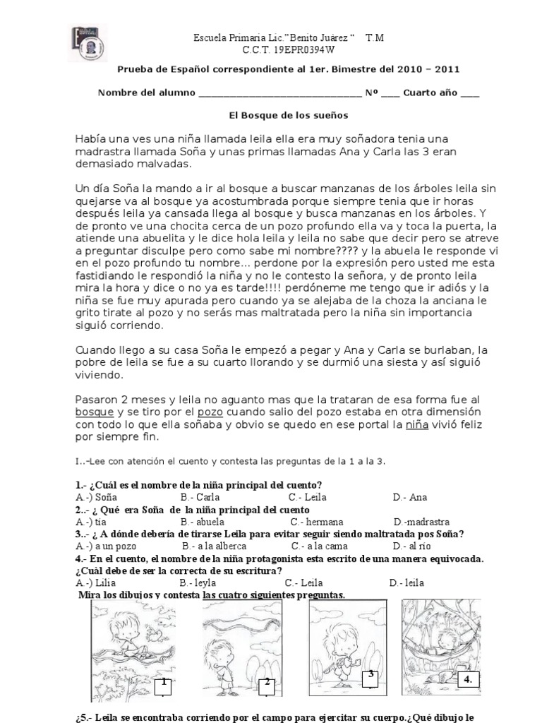 Prueba de Español. Cuarto Grado.1er Bimestre | Lingüística