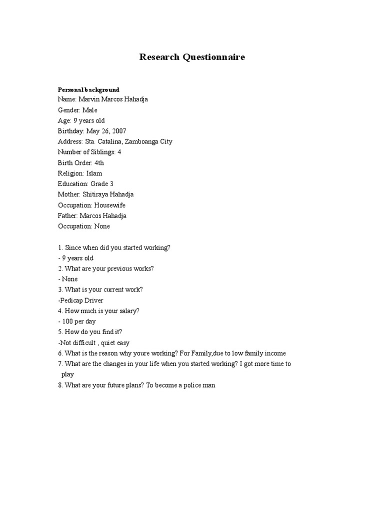 Research Questionnaire: Personal Background | PDF | Sex | Woman