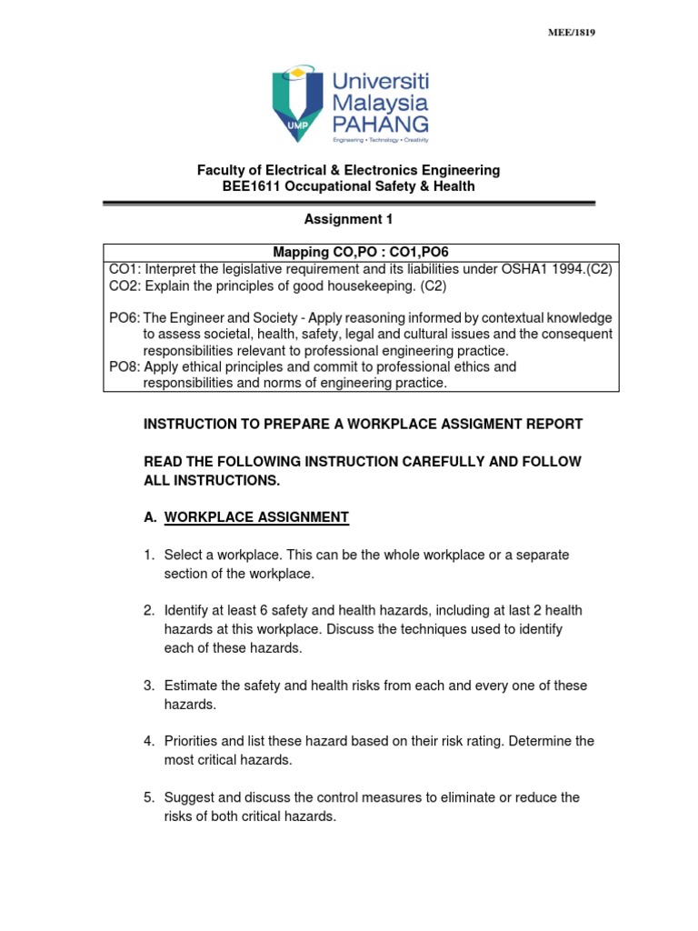 MEE5022 OSH Assignment 1 | PDF | Risk | Occupational Safety And Health
