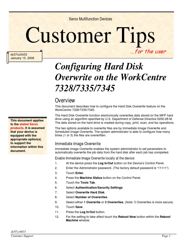 Customer Tips: Configuring Hard Disk Overwrite On The Workcentre 7328 ...