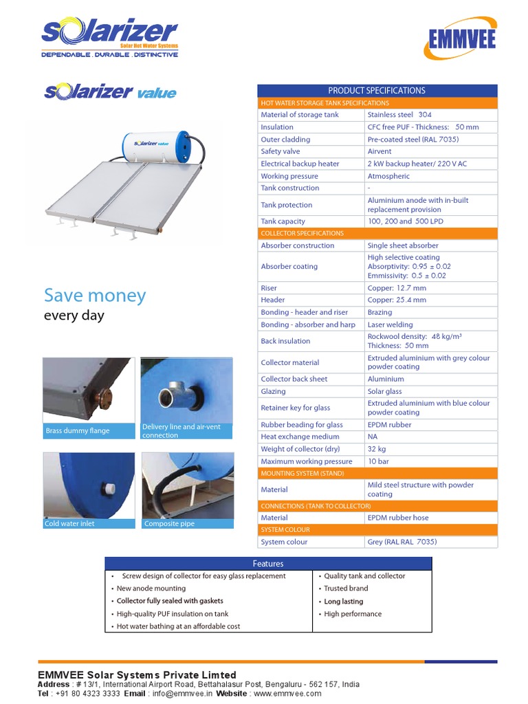 Solarizer Value Data Sheet | PDF | Water Heating | Building Technology